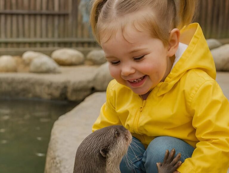 At the zoo, a little girl was playing with an otter, petting it and ...